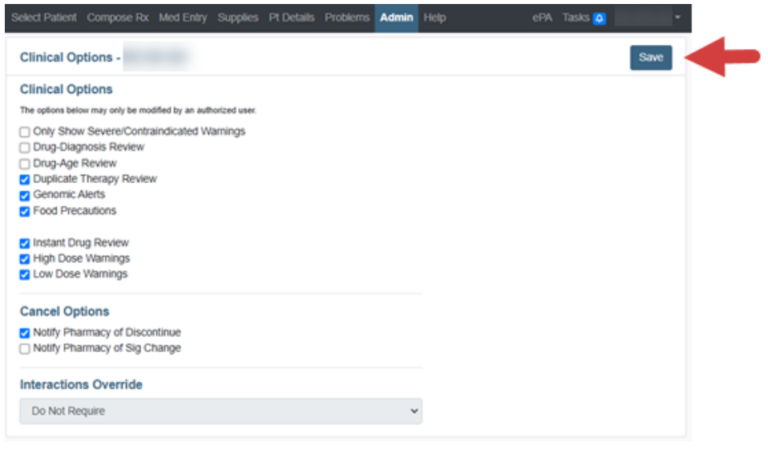 iCoreRx: Clinical Options – Settings – iCoreConnect